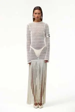 SAME Long Sleeve Fringe Knit Maxi Dress - Cream