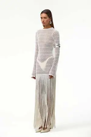 SAME Long Sleeve Fringe Knit Maxi Dress