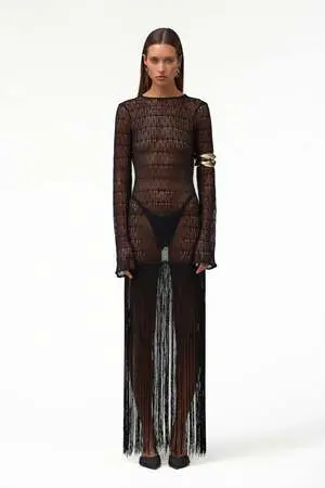 SAME Long Sleeve Fringe Knit Maxi Dress - Black