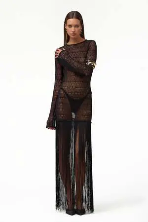 SAME Long Sleeve Knit Maxi Dress With Fringe - Black
