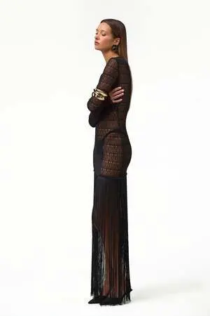 SAME Long Sleeve Knit Maxi Dress With Fringe - Black