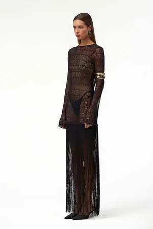SAME Long Sleeve Knit Maxi Dress With Fringe - Black