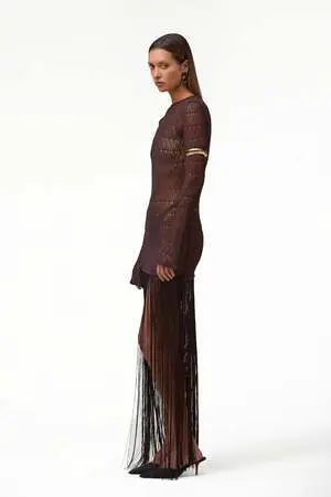 SAME Long Sleeve Fringe Knit Maxi Dress - Chocolate Brown
