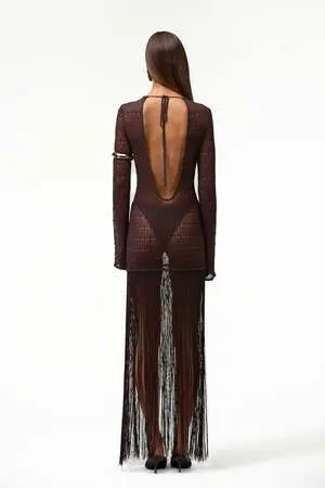 SAME Long Sleeve Fringe Knit Maxi Dress - Chocolate Brown
