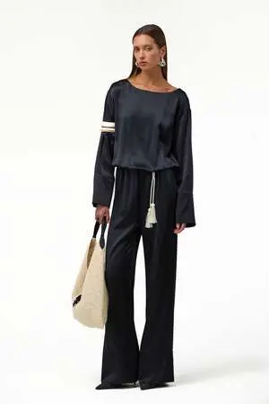SAME Long Sleeve Silk Jumpsuit - Black