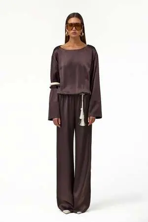 SAME Long Sleeve Silk Jumpsuit - Chocolate Brown