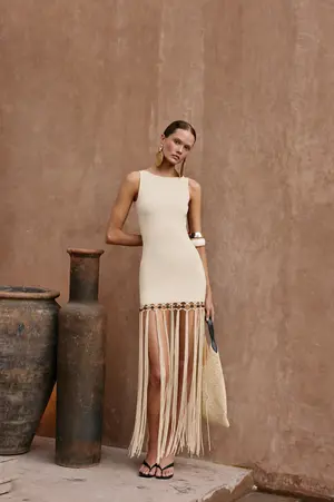 SAME Beaded Fringe Knit Dress - Cream