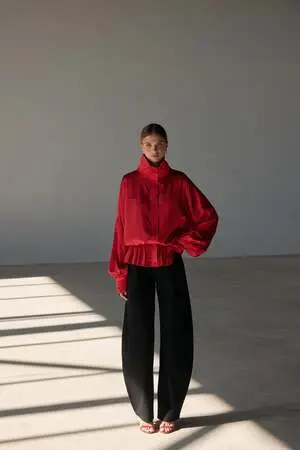 SAME Silk Peplum Bomber Jacket - Red