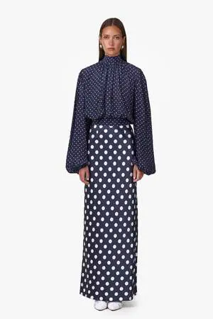 SAME Draped Sleeve Chiffon Top - Navy White Polka Dot