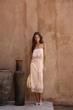 SAME Lace Trim Silk Midi Skirt - Rose Clay