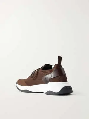 Berluti Shadow Logo-embroidered Leather-trimmed Stretch-knit Sneakers