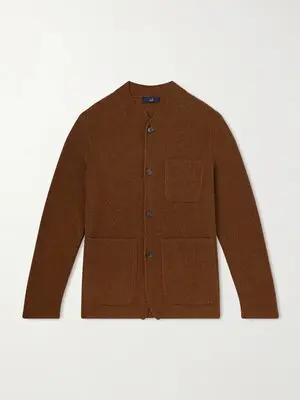 Dunhill Ribbed Camel Wool, Lambswool And Cashmere-blend Cardigan