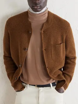 Dunhill Ribbed Camel Wool, Lambswool And Cashmere-blend Cardigan