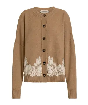 Alberta Ferretti Cashmere Cardigan With Contrasting Lace Hem - Light Brown