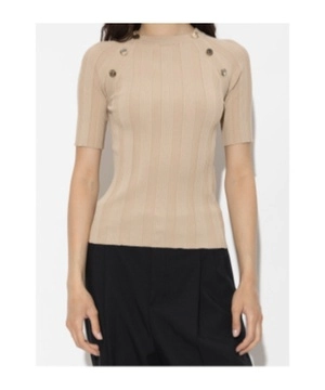 Sportmax Ribbed Knit Round Neck Short Sleeve Top With Button Detail - Beige