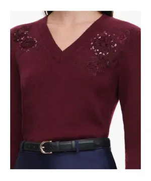 SELF-PORTRAIT Burgundy Flower Wool Jumper