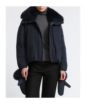 YVES SALOMON Detachable Collar Down Jacket With Fox Fur Trim - Navy