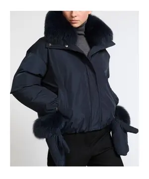 YVES SALOMON Detachable Collar Down Jacket With Fox Fur Trim - Navy