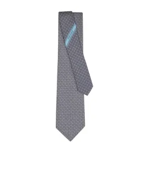 FERRAGAMO Gancini Square Print Silk Neck Tie - Grey