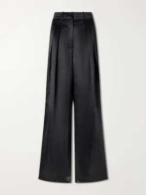 ABADIA Pleated Satin High-waist Wide-leg Pants - Black