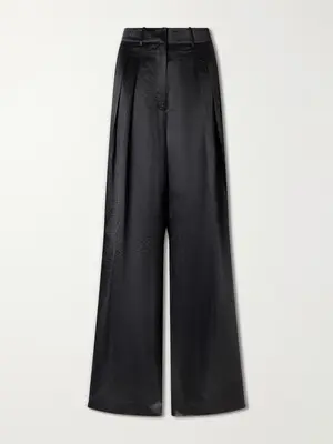 ABADIA Pleated Satin High-waist Wide-leg Pants