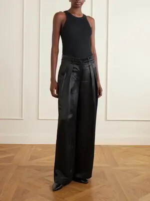 ABADIA Pleated Satin High-waist Wide-leg Pants