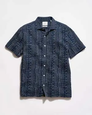 Billy Reid Short Sleeve Geo Stitch Embroidered Treme Shirt - Blue