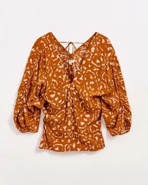 Billy Reid Moroccan Screen Silk Ruched Blouse - Terra