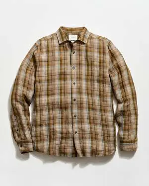 Billy Reid Dobby Plaid Linen Cedar Shirt - Olive Multi