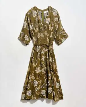 Billy Reid Peony Jacquard Waist Pleat Dress - Green