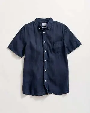 Billy Reid Short Sleeve Linen Tuscumbia Shirt Button Down - Blue