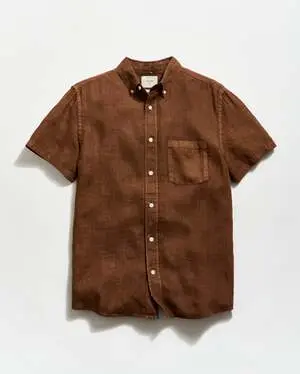 Billy Reid Short Sleeve Linen Tuscumbia Shirt Button Down - Oak Brown