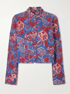 Alix Of Bohemia Clarke Delft Hive Cropped Embellished Printed Cotton Jacket - Blue