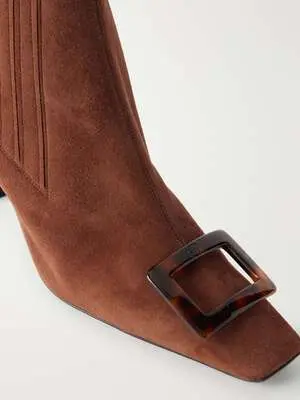 ROGER VIVIER Belle Vivier Embellished Suede Ankle Boots - Tan