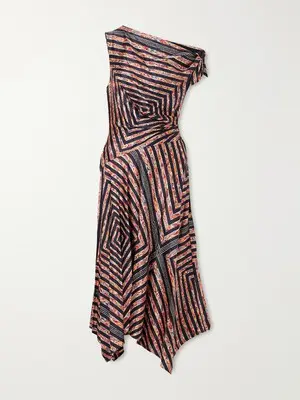 Staud Portia One-shoulder Ruched Printed Silk-blend Midi Dress - Multi