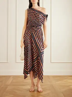 Staud Portia One-shoulder Ruched Printed Silk-blend Midi Dress - Multi