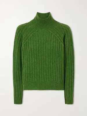 ALLUDE Ribbed Cashmere Turtleneck Sweater - Green