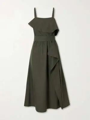 Proenza Schouler White Label Reign Belted Cotton-blend Midi Dress - Dark Green