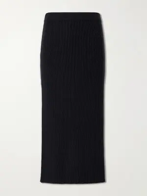 ALLUDE Ribbed Wool And Cashmere-blend Midi Skirt - Black