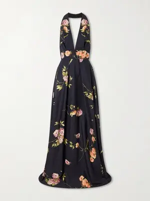 Elie Saab Pleated Floral-print Cotton-poplin Halterneck Gown - Blue
