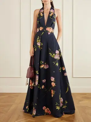 Elie Saab Pleated Floral-print Cotton-poplin Halterneck Gown - Blue