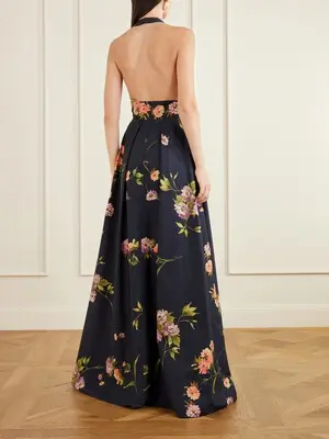Elie Saab Pleated Floral-print Cotton-poplin Halterneck Gown - Blue