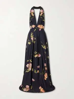 Elie Saab Floral-print Halterneck Gown - Navy