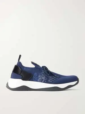 Berluti Shadow Logo-embroidered Leather-trimmed Stretch-knit Sneakers - Navy