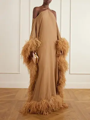 TALLER MARMO Feather-trimmed Silk-chiffon Gown - Brown