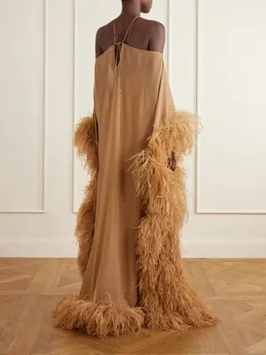 TALLER MARMO Feather-trimmed Silk-chiffon Gown - Brown