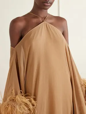 TALLER MARMO Feather-trimmed Silk-chiffon Gown - Brown