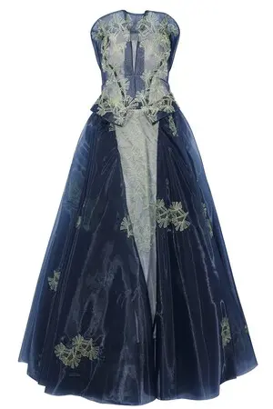Zac Posen Strapless Metallic Embroidered Organza Gown - Blue