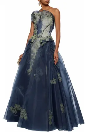 Zac Posen Strapless Metallic Embroidered Organza Gown