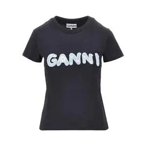 GANNI Cotton T-shirt With Logo Embroidery - Black